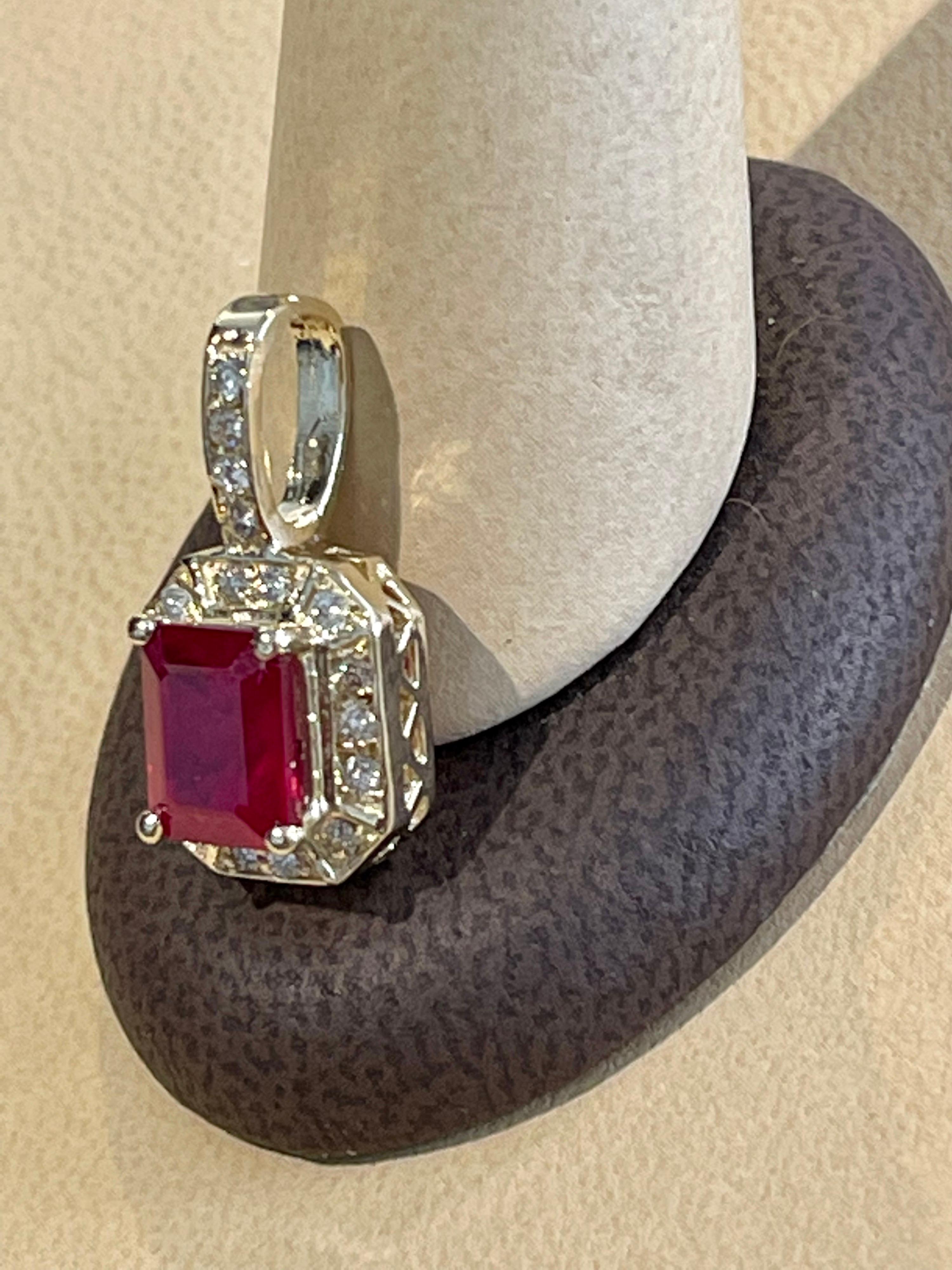 3 Carat Emerald Cut Ruby Pendant with Diamonds 14 Karat Yellow Gold ...