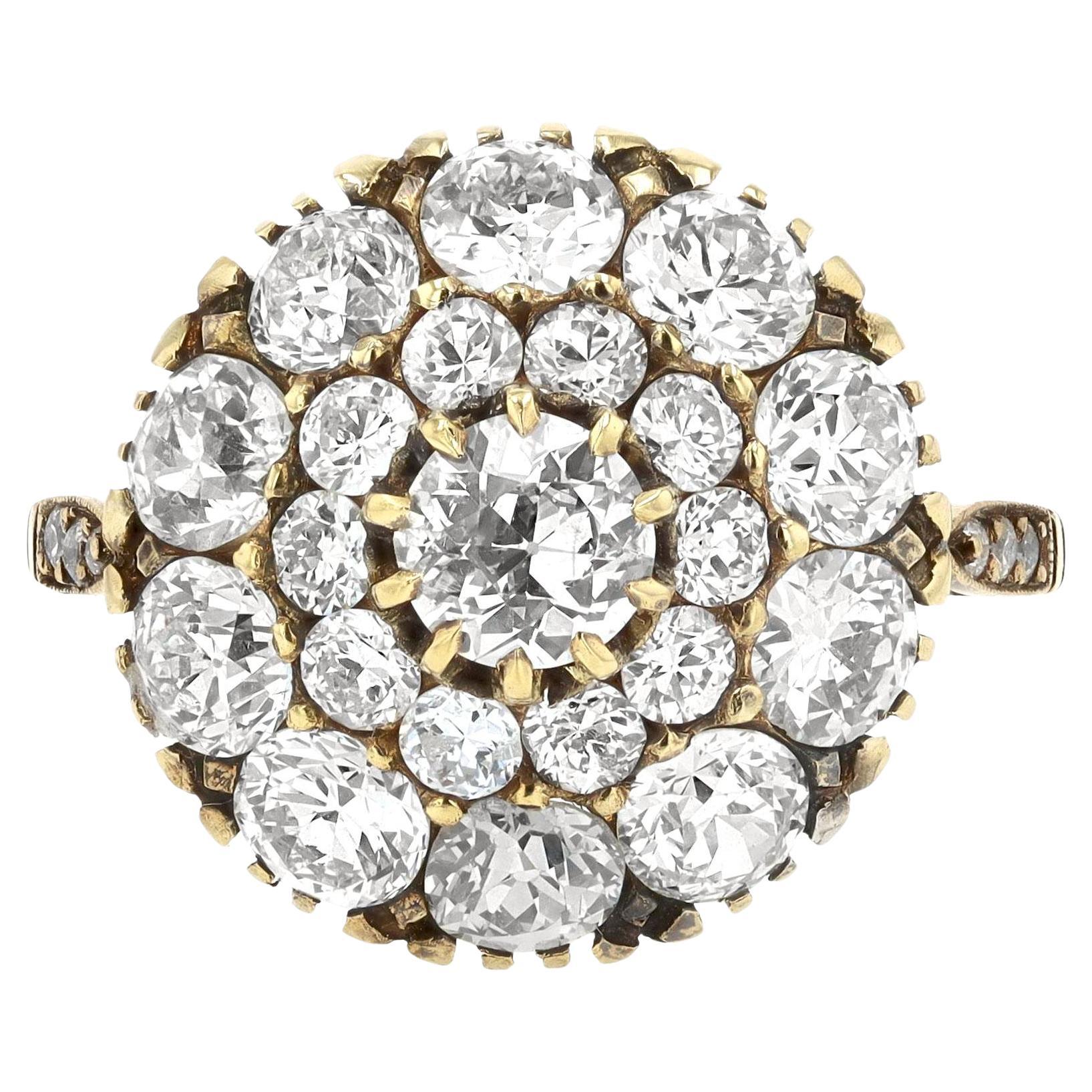 3 Carat Old Mine Cut Diamond 18k Gold Cluster Victorian Revival Ring ...