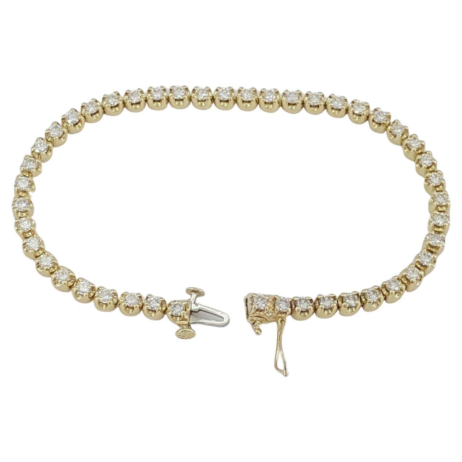 3 Carat Round Brilliant Cut Diamond Yellow Gold Tennis Bracelet For Sale at 1stDibs