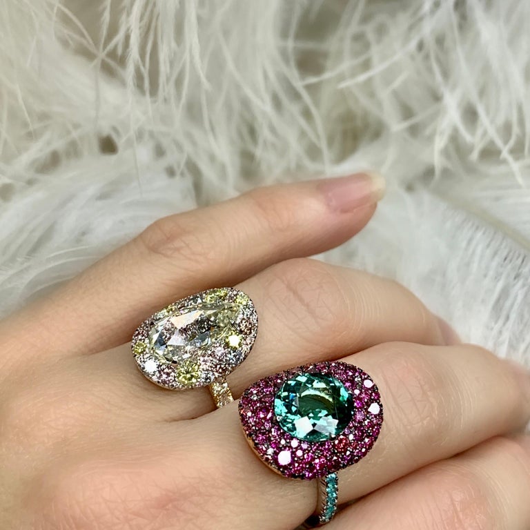 3 Ct. Pear Shape Rose-cut Diamond, Pink, Blue, Yellow Diamond Pave ...