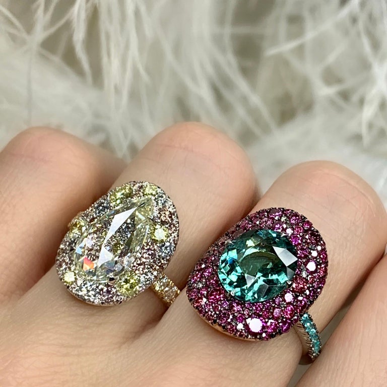 3 Ct. Pear Shape Rose-cut Diamond, Pink, Blue, Yellow Diamond Pave ...