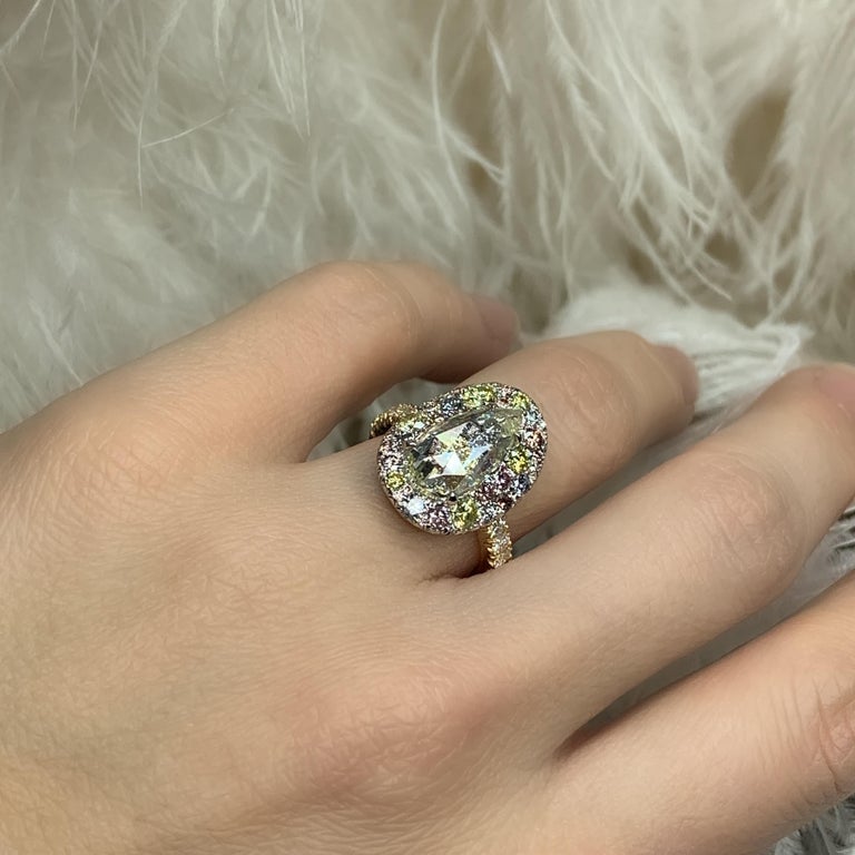 3 Ct. Pear Shape Rose-cut Diamond, Pink, Blue, Yellow Diamond Pave ...