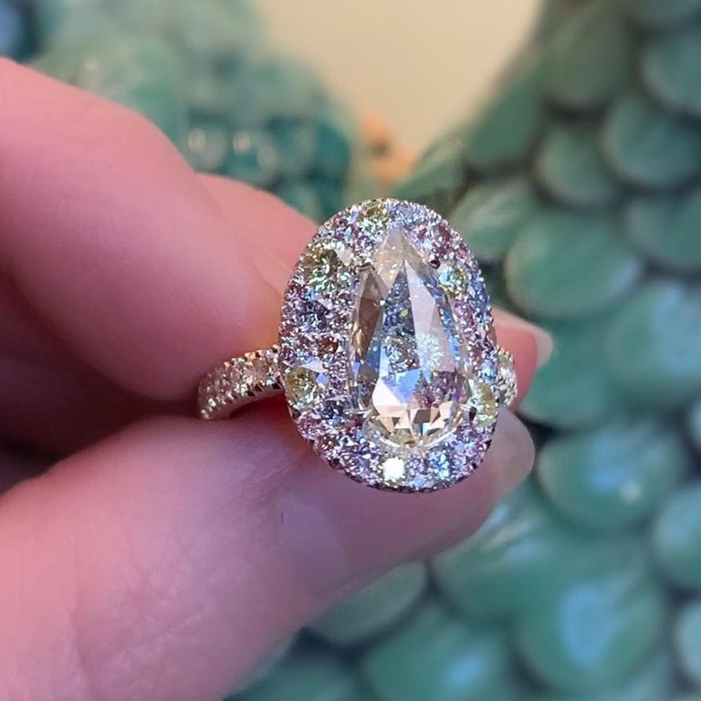 3 Ct. Pear Shape Rose-cut Diamond, Pink, Blue, Yellow Diamond Pave ...