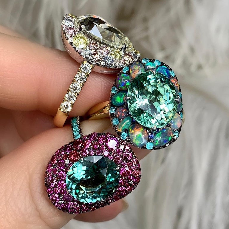 3 Ct. Pear Shape Rose-cut Diamond, Pink, Blue, Yellow Diamond Pave ...