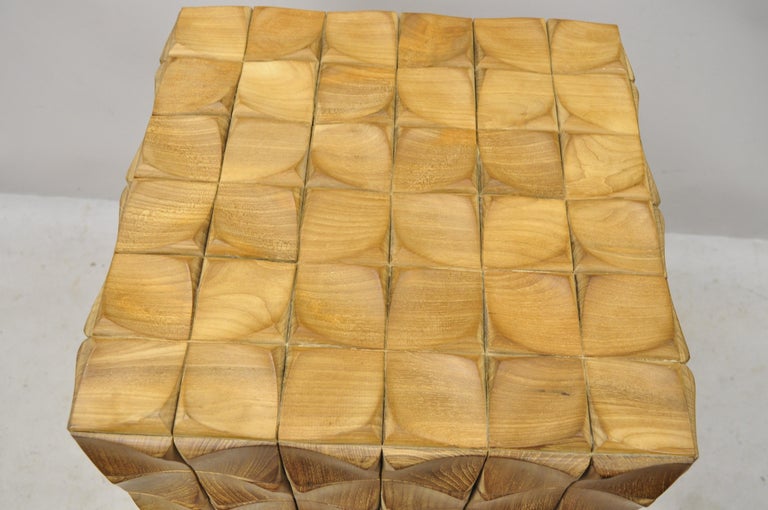3 Dimensional Geometric Wood Carved Modern Cube Ottoman Stool Square ...