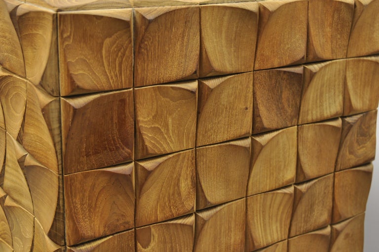 3 Dimensional Geometric Wood Carved Modern Cube Ottoman Stool Square ...