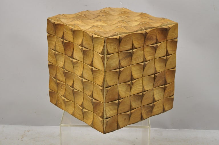 3 Dimensional Geometric Wood Carved Modern Cube Ottoman Stool Square ...