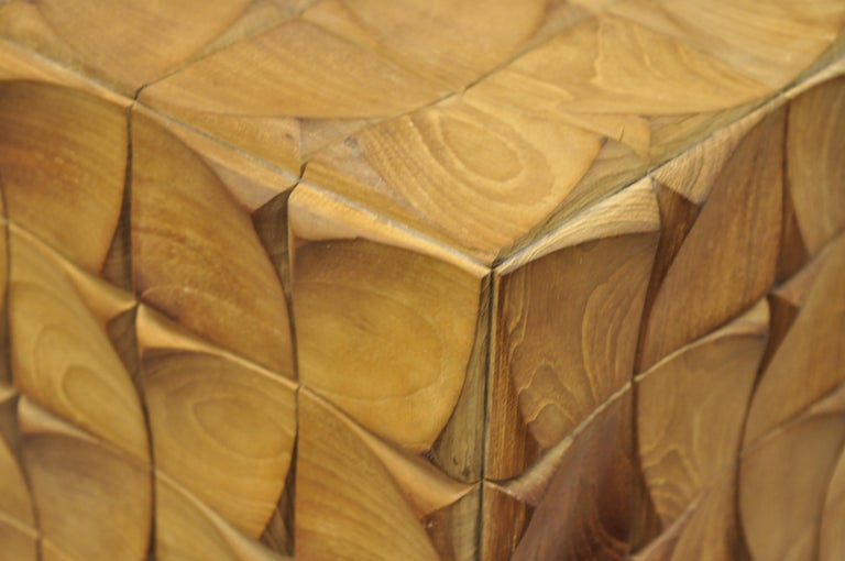 3 Dimensional Geometric Wood Carved Modern Cube Ottoman Stool Square ...