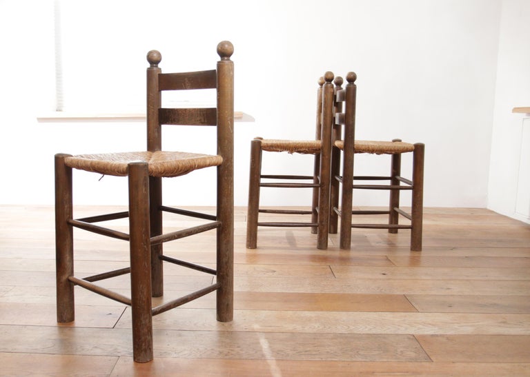 3 French Ladder Back Oak Rush Seat Dining Chairs For Sale at 1stDibs