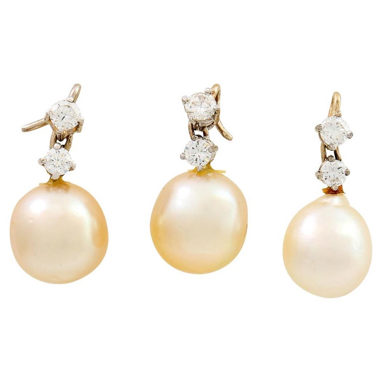 3 Hangers, Each with 1 Pearl and 2 Brilliant-Cut Diamonds, All Together ...