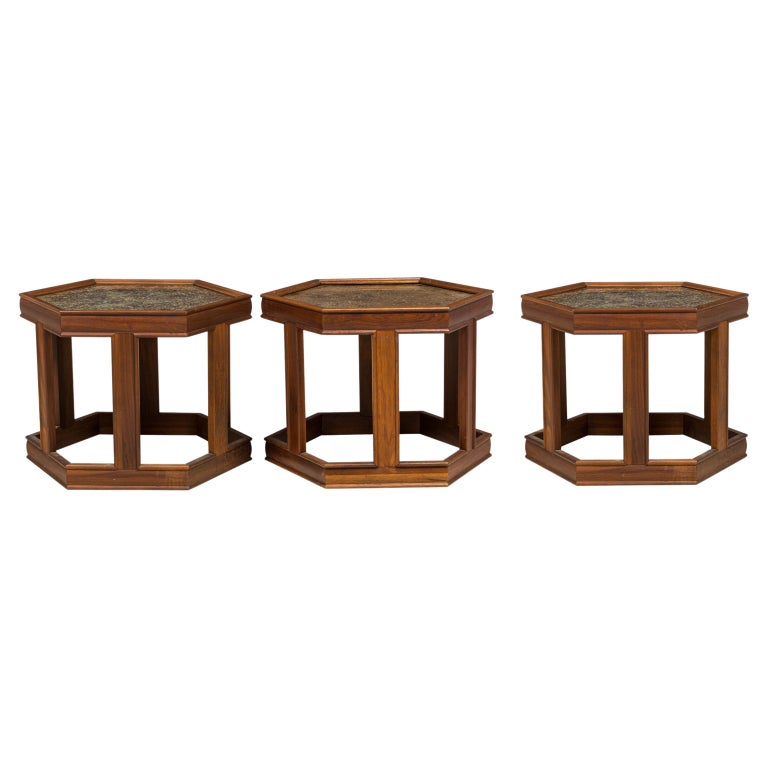 3 John Keal Hexagonal Reverse Painted Glass and Oak Occasional / End Tables For Sale at 1stDibs