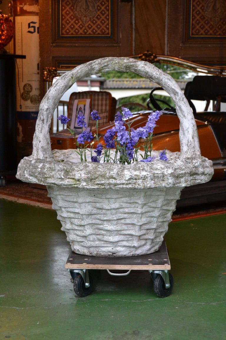 7 Large Concrete Basket Planters with Handles, Basket Weave, France ...