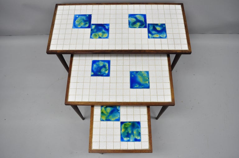 3 Mid-Century Modern Nesting Tile Top Side Tables, Blue Green Tiles ...