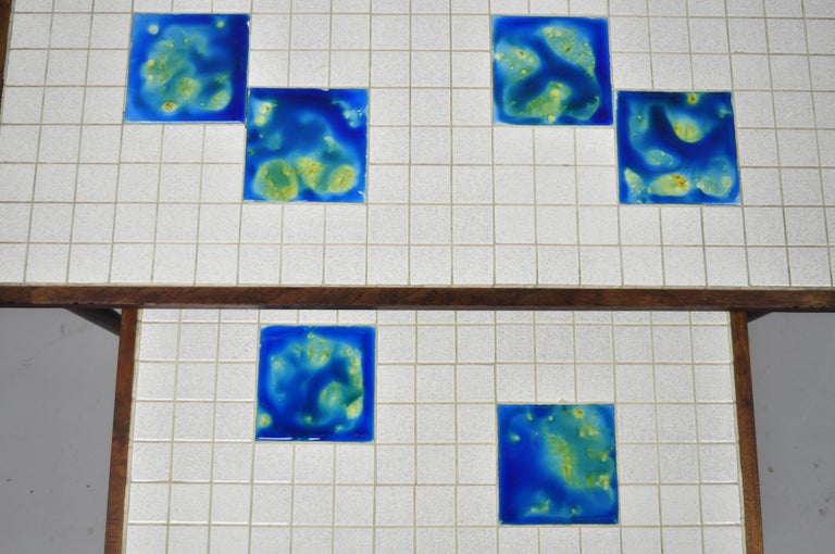 3 Mid-Century Modern Nesting Tile Top Side Tables, Blue Green Tiles ...