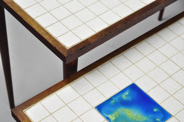 3 Mid-Century Modern Nesting Tile Top Side Tables, Blue Green Tiles ...