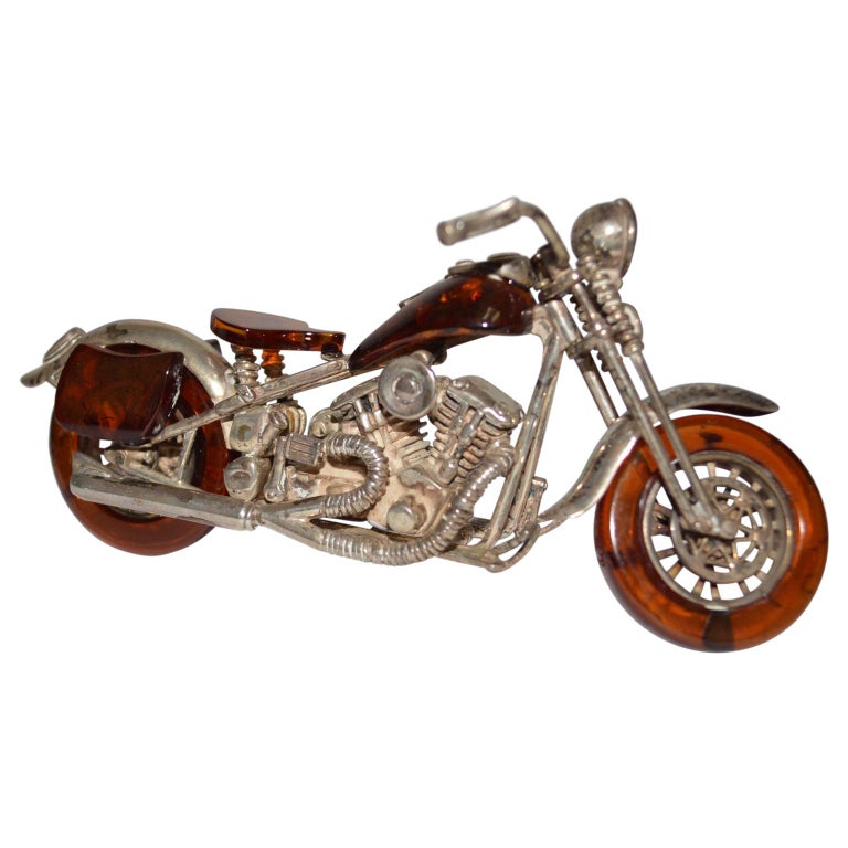 Set Of 3 Miniature Amber And Silver Harley Davidson Style Motor Bikes ...