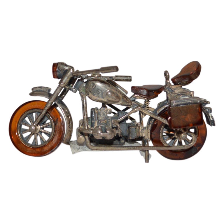 Set Of 3 Miniature Amber And Silver Harley Davidson Style Motor Bikes ...