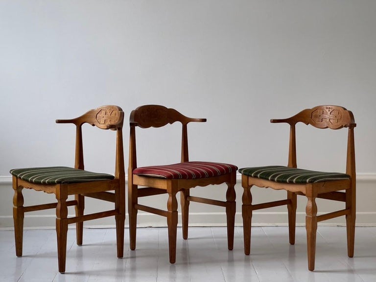 3 Original Henning Kjærnulf Dining Chairs In Solid Oak And Wool Fabric