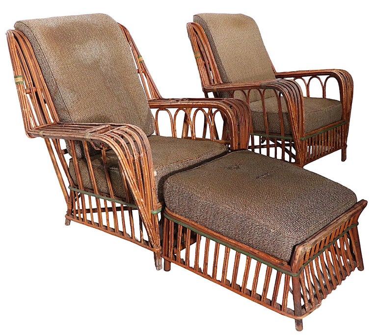 3 Pc Set Art Deco Split Reed Chairs and Ottoman, circa 1920-1930s For ...
