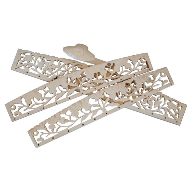 3 Pc Vintage Hand Carved Floral Bone Handbag Frame Clasp Handle For ...