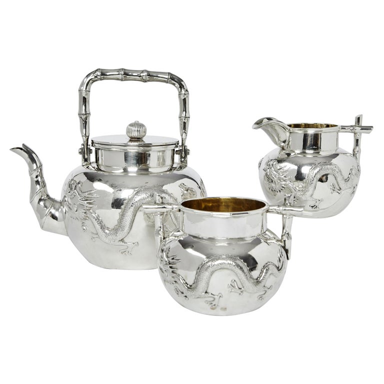 3 Piece Antique Chinese Silver Tea Set For Sale at 1stDibs