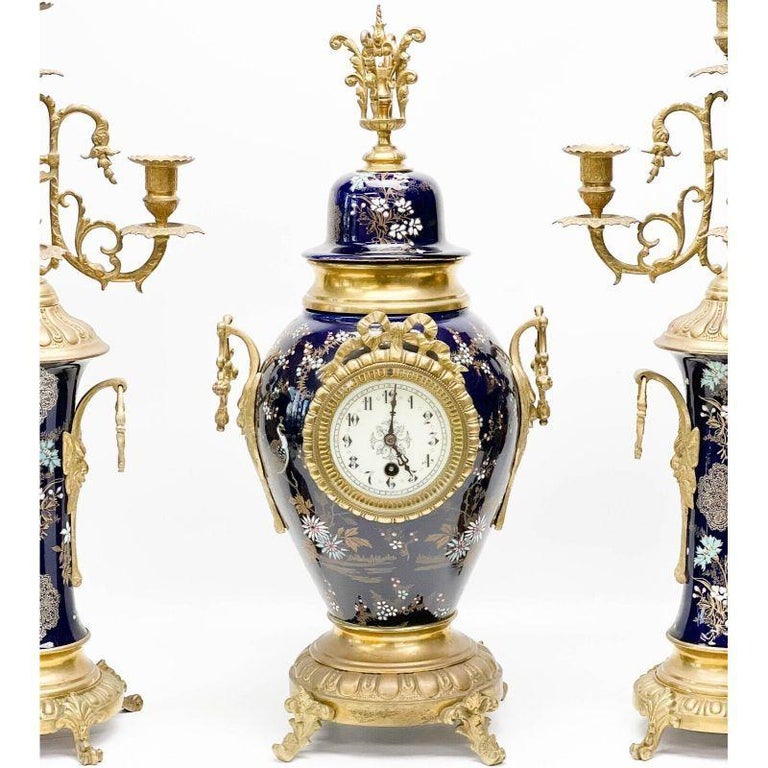 3 Piece French Japonisme Gilt Bronze Mounted Enameled Porcelain Clock ...