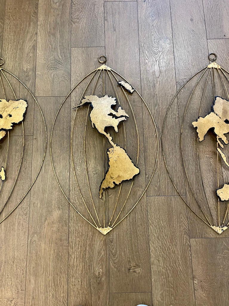 3 Piece World Map in the Style of Curtis Jere in Gold Finish at 1stDibs
