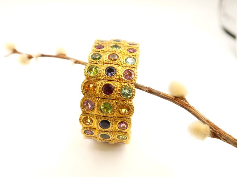 3-Row Multicolour Semi-Precious Gemstone Hammered 18K Gold Open Cuff ...