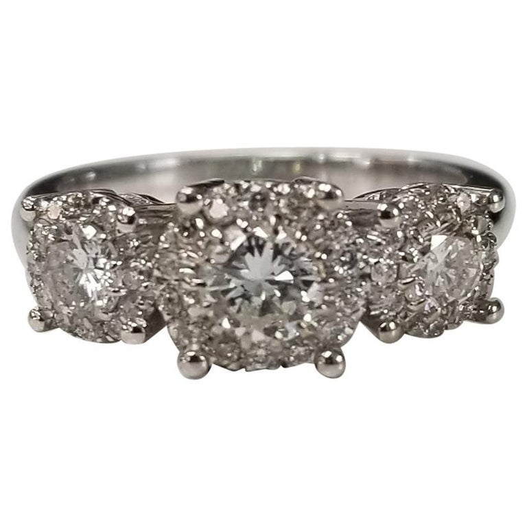 3-Stone 14 Karat Diamond Halo Ring For Sale at 1stDibs