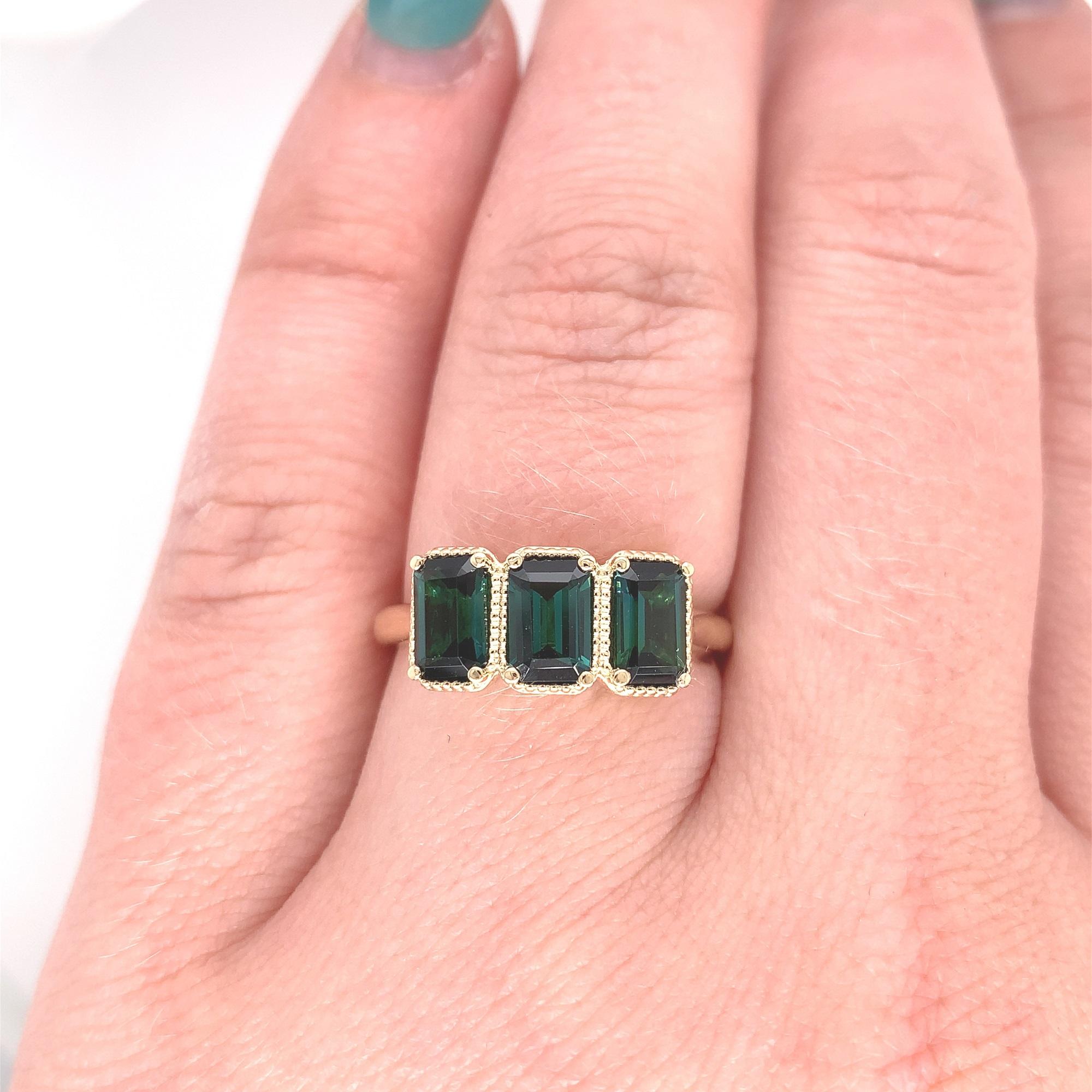 3-Stone 1.67ct Teal Tourmaline 14K Ring For Sale at 1stDibs