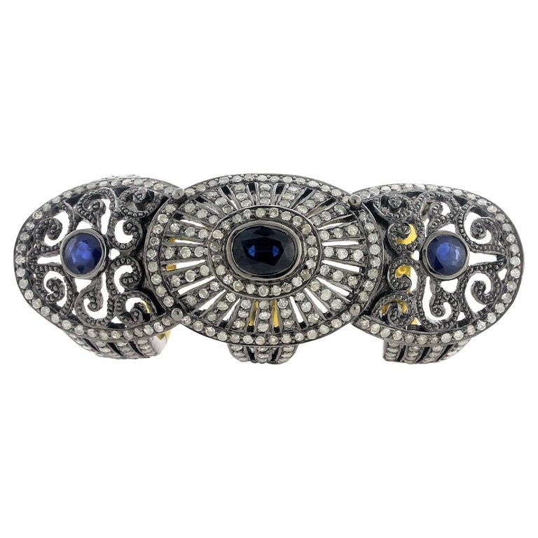 3 Stone Blue Sapphire Knuckle Ring with Pave Diamonds Made in 18k Gold ...