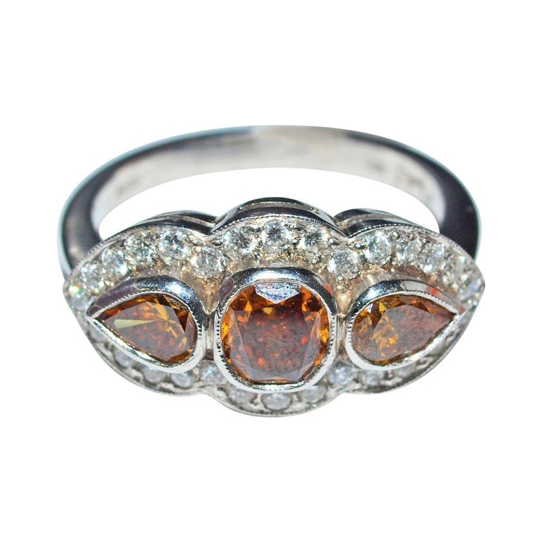 Platinum Brown Diamond Three Stone Cocktail Ring For Sale at 1stDibs