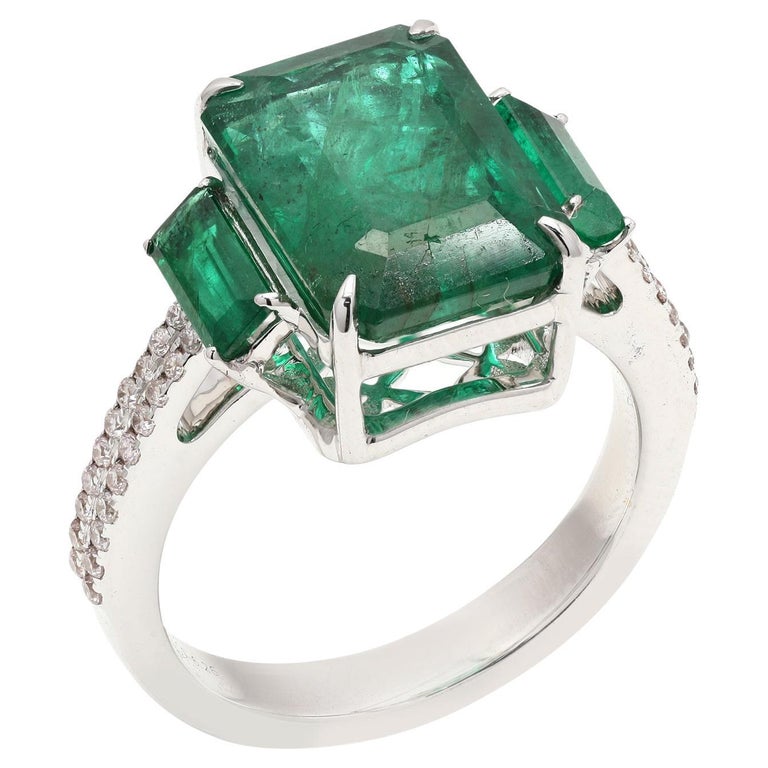 3 Stone Vivid Green Emerald Ring with Diamonds Made in 18k White Gold ...