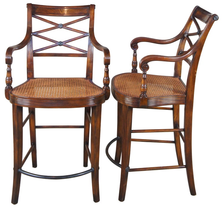3 Theodore Alexander Flamed Mahogany X Back Caned Regency Counter Bar ...