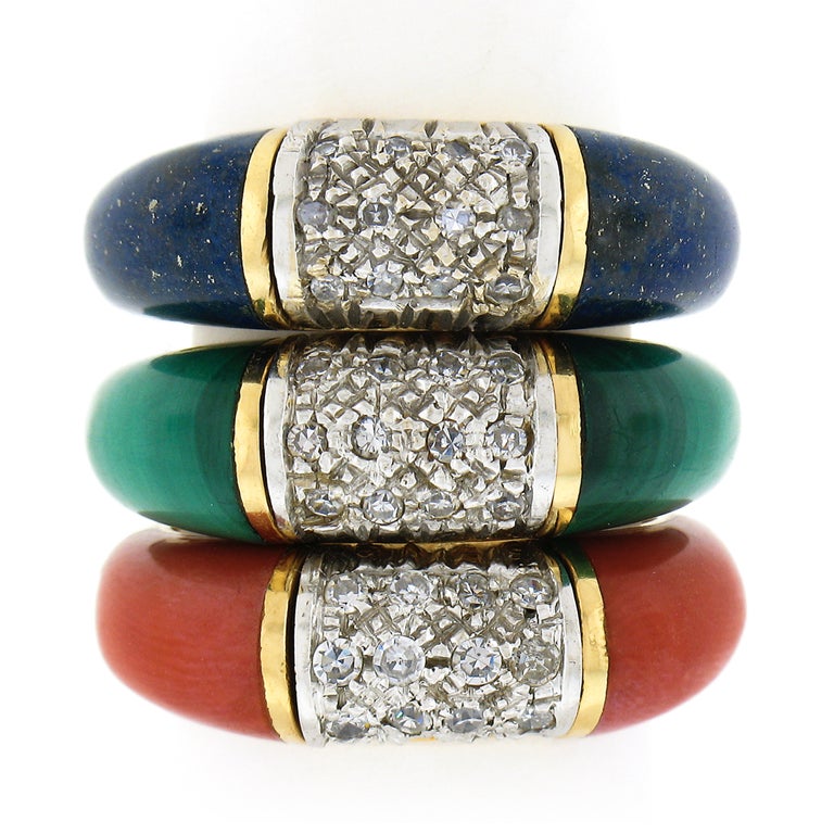 '3' Vintage 18K Gold Pave Diamond w/ Inlaid Lapis Coral and Malachite ...