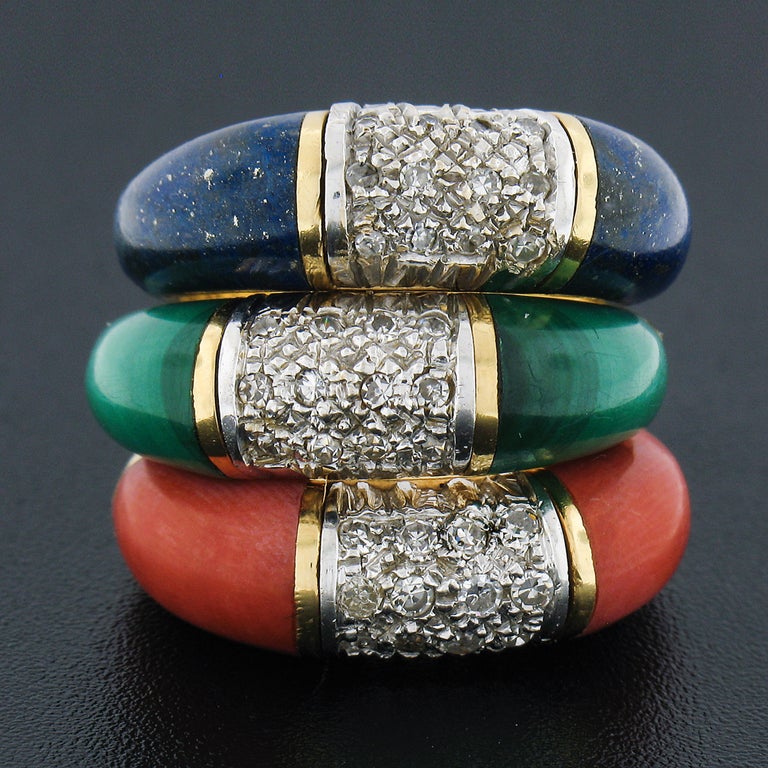 '3' Vintage 18K Gold Pave Diamond w/ Inlaid Lapis Coral and Malachite ...