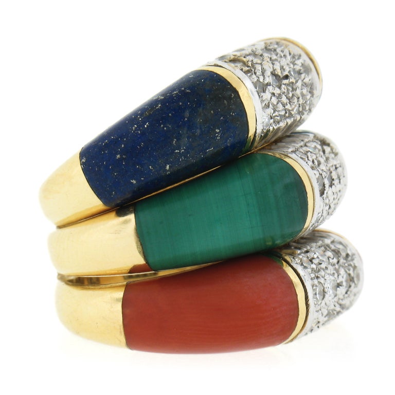 '3' Vintage 18K Gold Pave Diamond w/ Inlaid Lapis Coral and Malachite ...