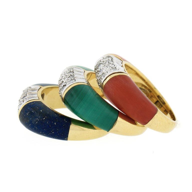 '3' Vintage 18K Gold Pave Diamond w/ Inlaid Lapis Coral and Malachite ...