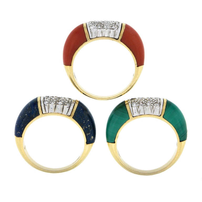 '3' Vintage 18K Gold Pave Diamond w/ Inlaid Lapis Coral and Malachite ...