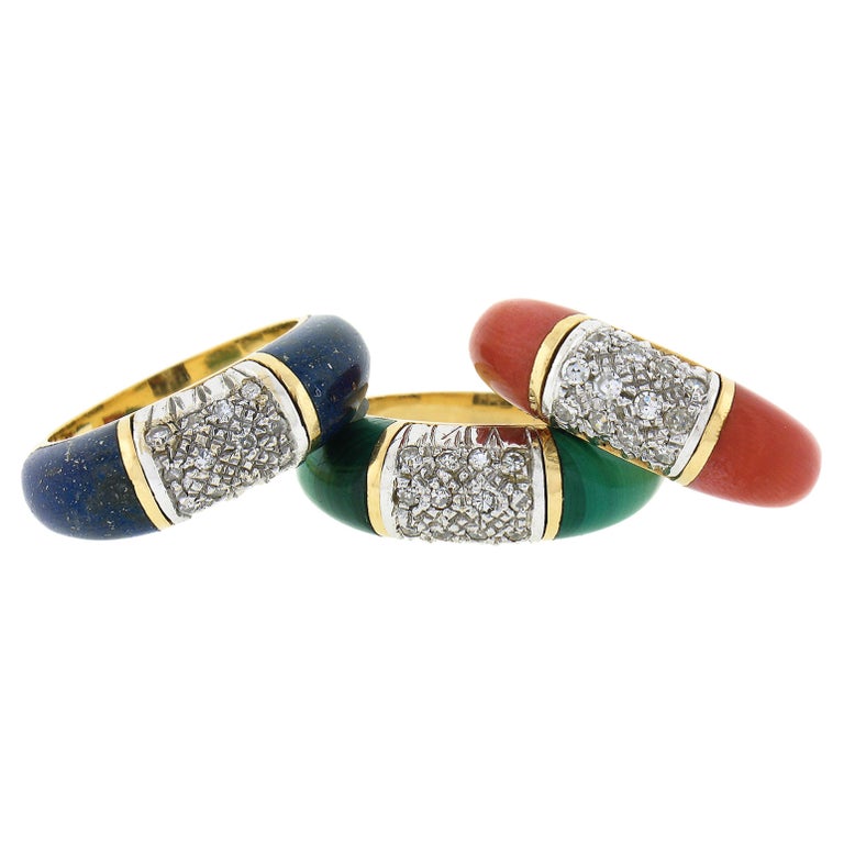 '3' Vintage 18K Gold Pave Diamond w/ Inlaid Lapis Coral and Malachite ...