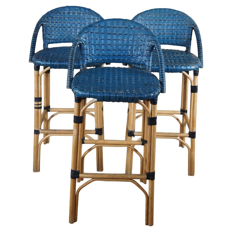 3 Vtg French Café Bistro Blue Woven Rattan Bentwood Counter Bar Stools Boho Chic For Sale at 1stDibs