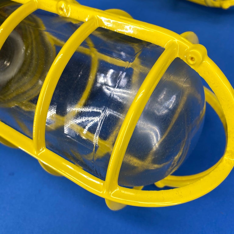 3 Yellow Salvaged Industrial Three-Light Blast Proof Ceiling Fixtures ...