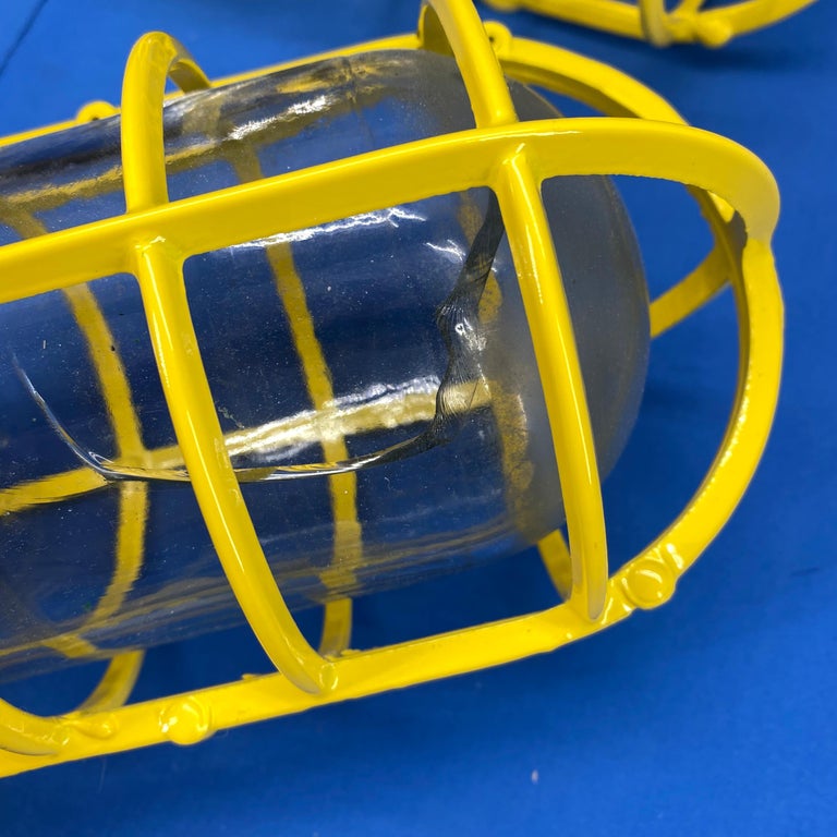 3 Yellow Salvaged Industrial Three-Light Blast Proof Ceiling Fixtures ...