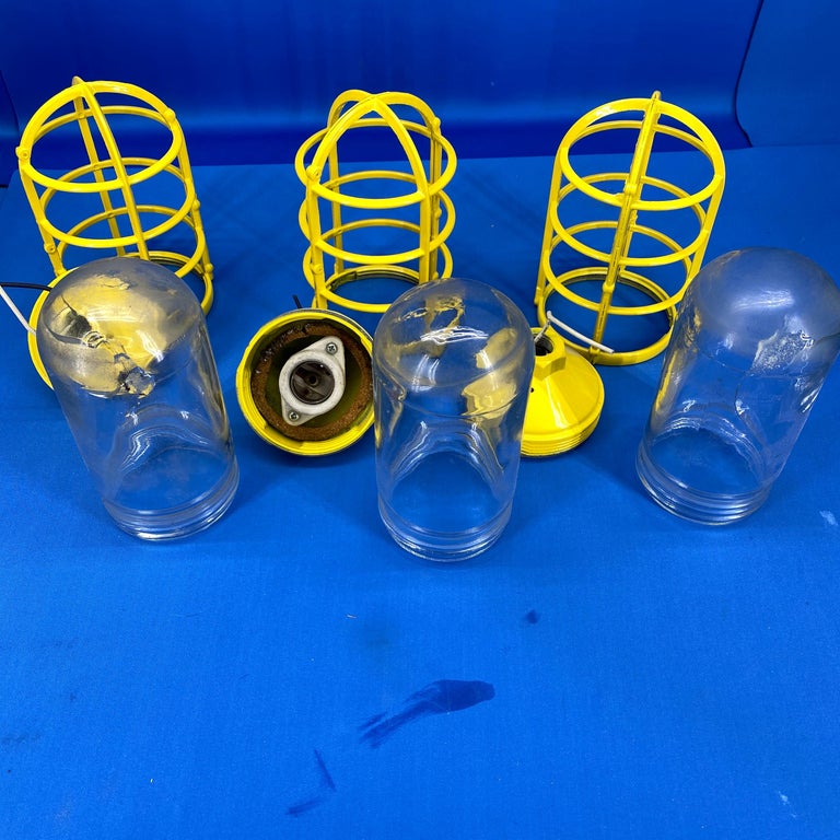 3 Yellow Salvaged Industrial Three-Light Blast Proof Ceiling Fixtures ...