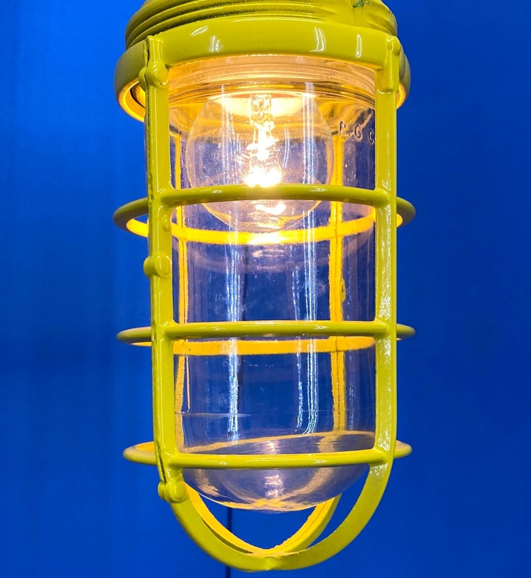 3 Yellow Salvaged Industrial Three-Light Blast Proof Ceiling Fixtures ...