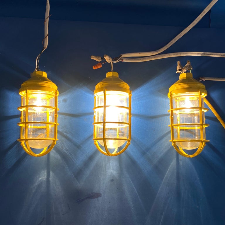 3 Yellow Salvaged Industrial Three-Light Blast Proof Ceiling Fixtures ...