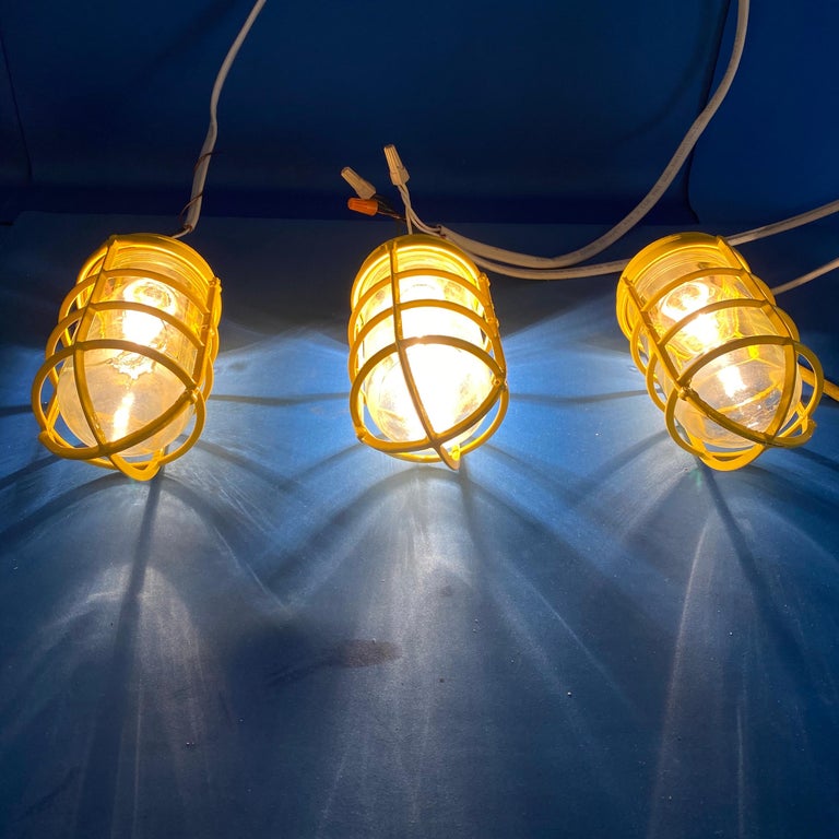 3 Yellow Salvaged Industrial Three-Light Blast Proof Ceiling Fixtures ...