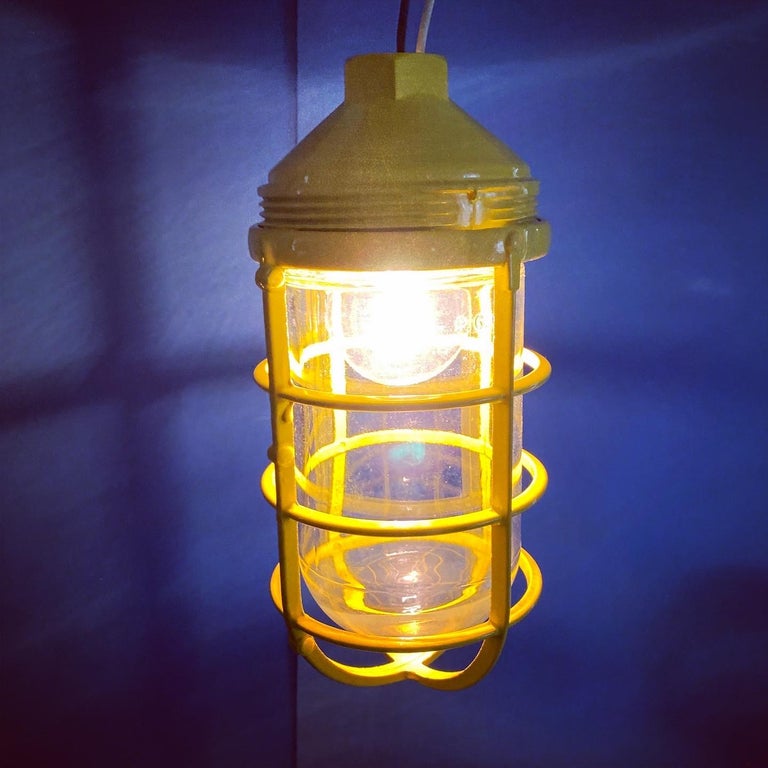 3 Yellow Salvaged Industrial Three-Light Blast Proof Ceiling Fixtures ...