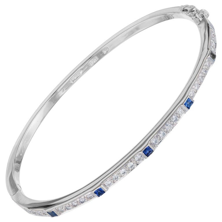 .30 Carat Diamond Sapphire White Gold Hinged Bangle Bracelet at 1stDibs