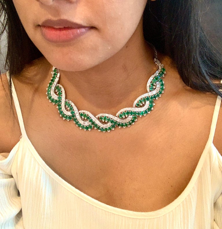 30 Ct Colombian Emerald and Diamond Bridal Collar Necklace 18 Karat ...